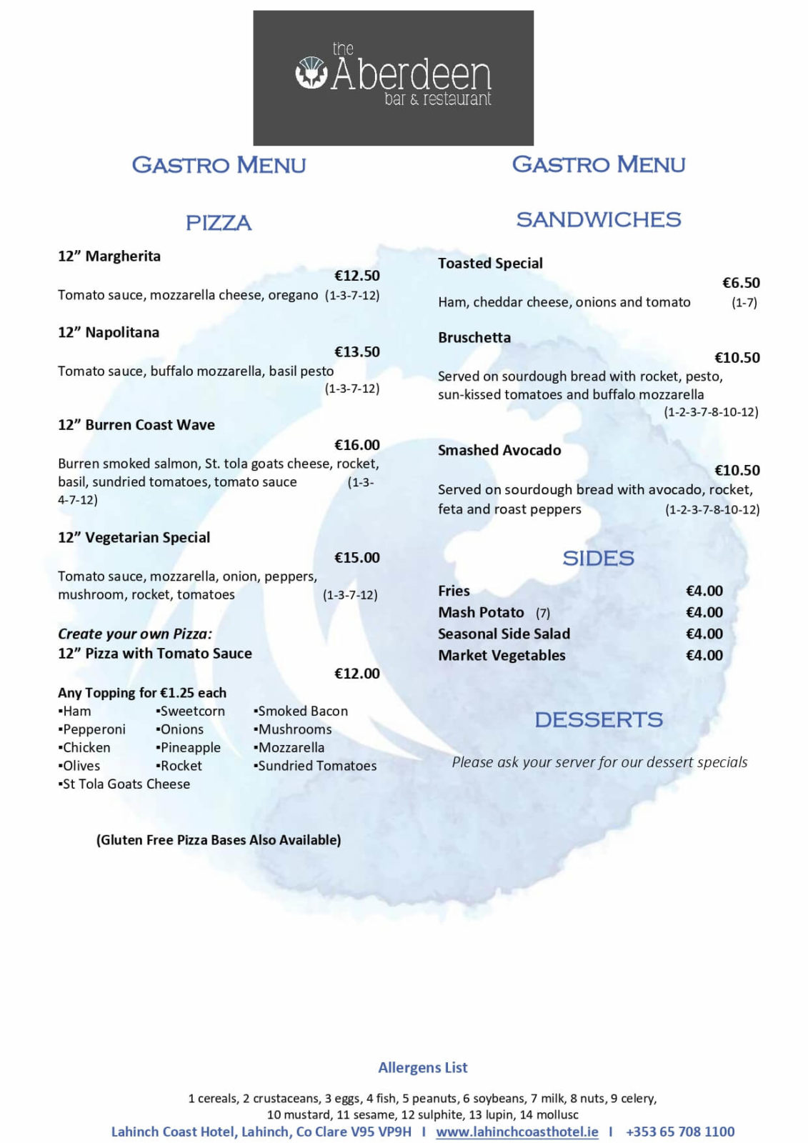 Gastro Menu | Aberdeen Bar & Restaurant | Lahinch Coast